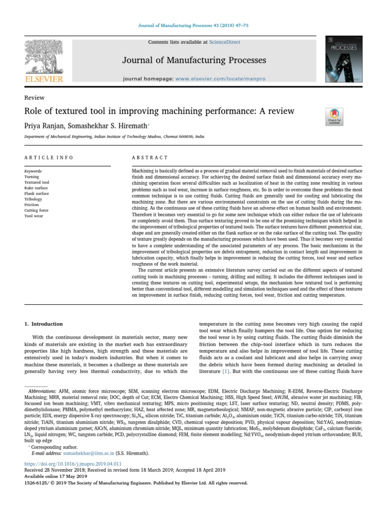 Journal of Manufacturing Processes: Priya Ranjan, Somashekhar S ...