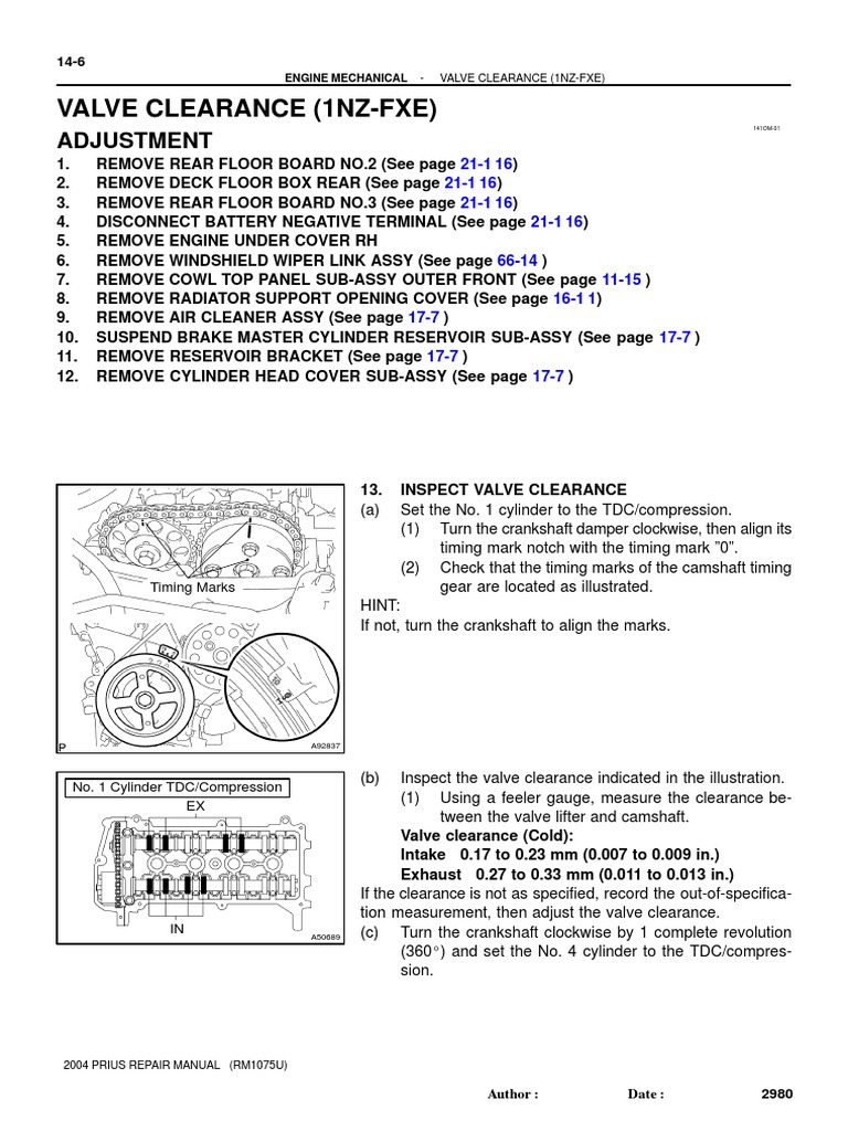 1NZ-FXE Valve Clearance Adjustment Guide | PDF | Engine Technology ...