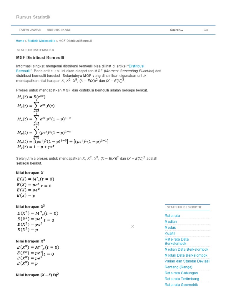 Rumus Statistik: MGF Distribusi Bernoulli | PDF