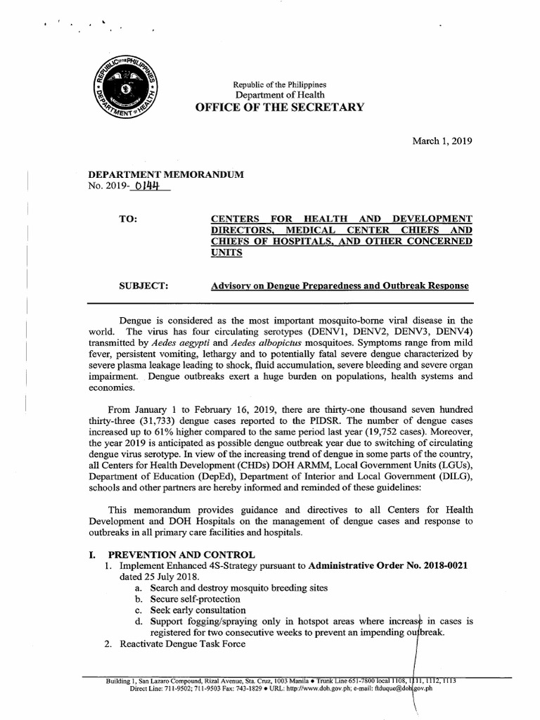 Advisory On Dengue Awareness and Outbreak Response | PDF | Medical ...