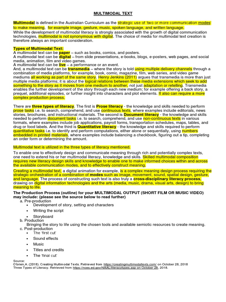 Multimodal Text Multimodal Is Defined in The Australian Curriculum As ...