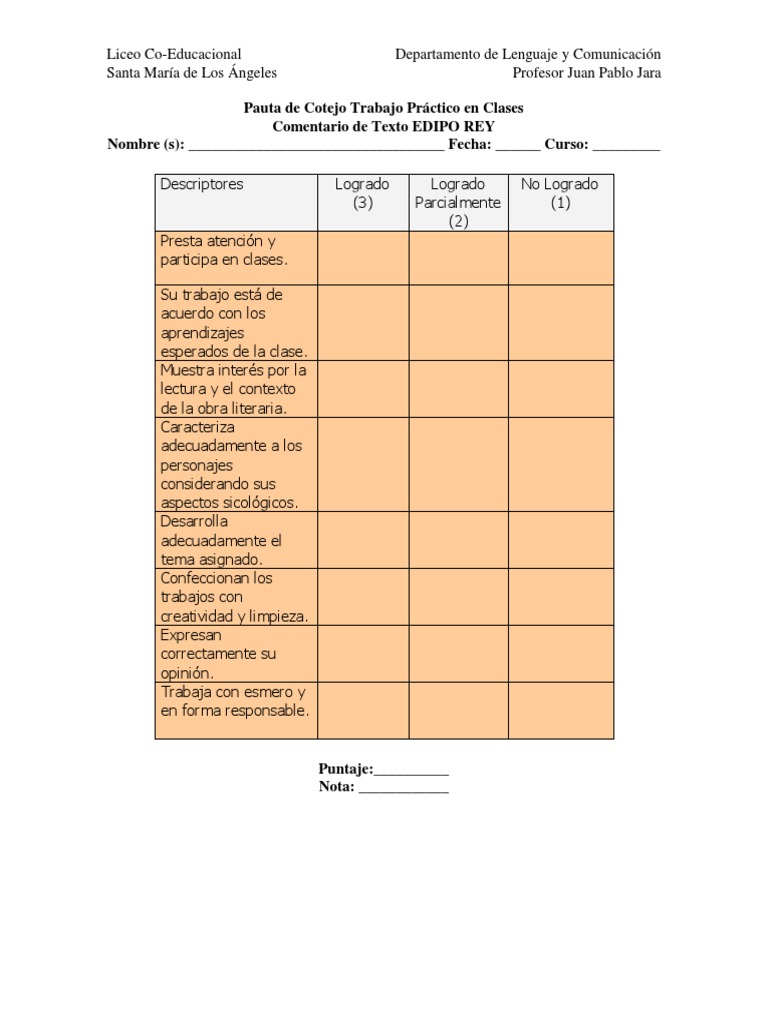 Pauta de Cotejo Trabajo en Clases | PDF
