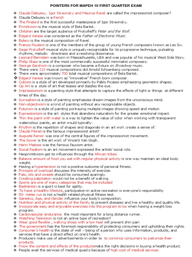 Mapeh 10 Pointers 1q | PDF | Impressionism | Physical Fitness