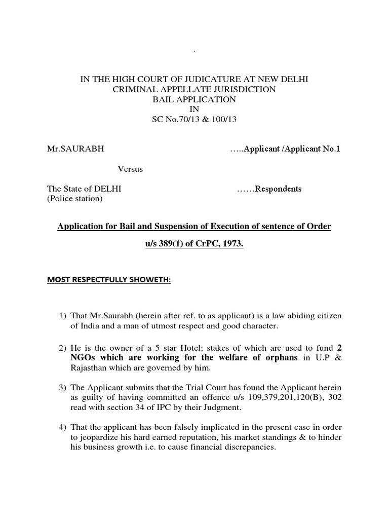 Application For Bail and Suspension of Execution of Sentence of Order U/S 389 (1) of CRPC, 1973 ...