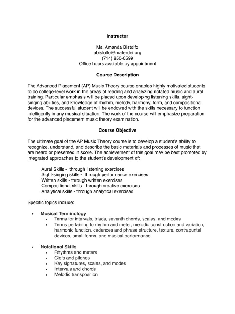 AP Music Theory Syllabus Course Outline 2019-20 PDF | PDF | Chord ...