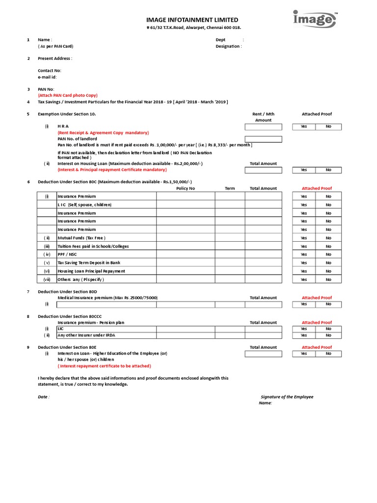 Tax Declaration Form (Image Infotainment LTD) | PDF | Insurance | Loans
