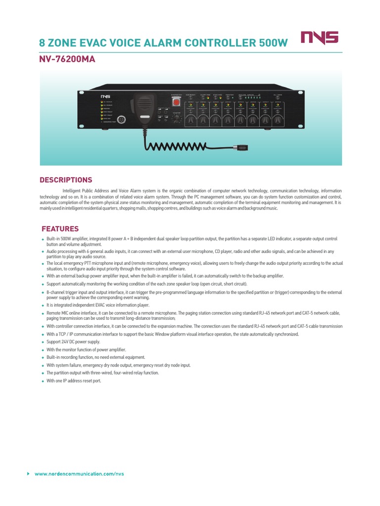 8 Zone EVAC Voice Alarm Controller 500W Technical Specifications and ...