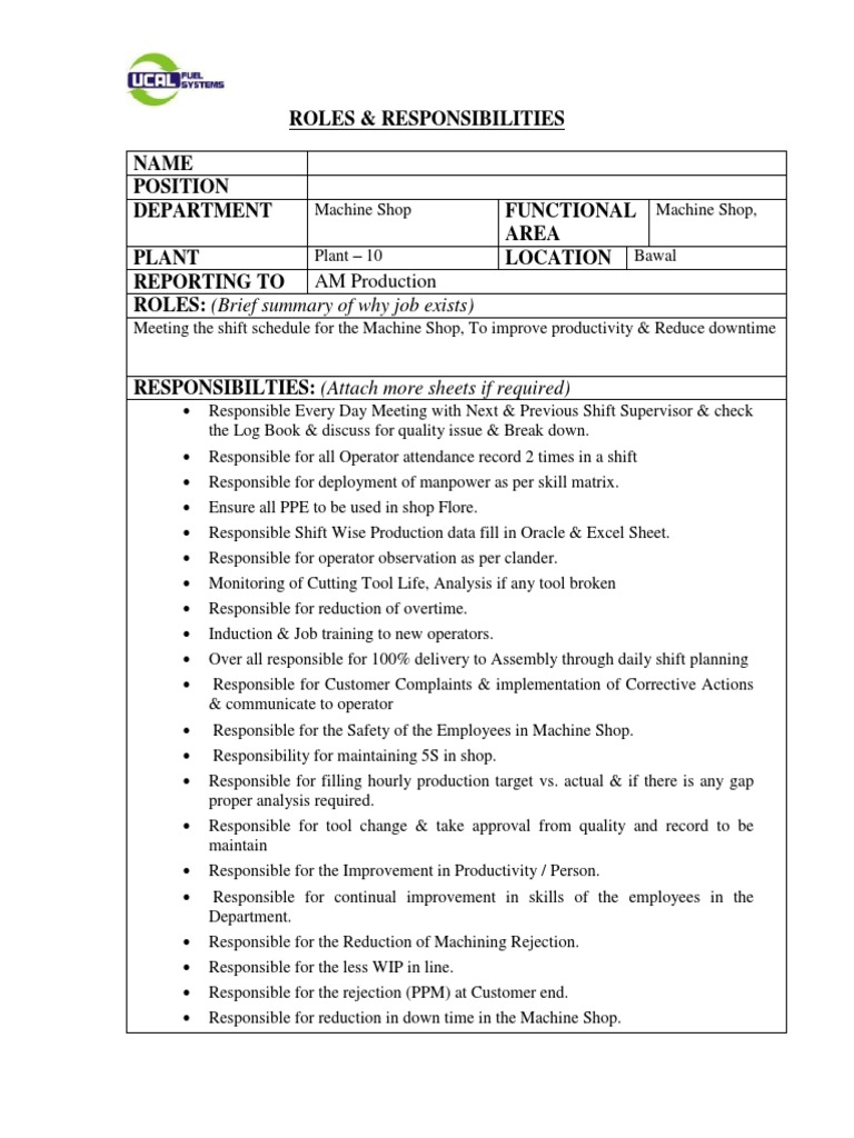 Roles & Responsibilities Name Position Department Functional Area Plant ...