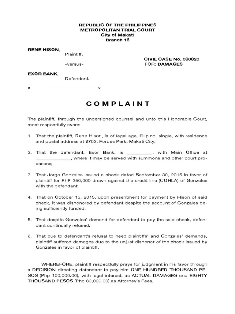 Sample Complaint Re Bank | PDF