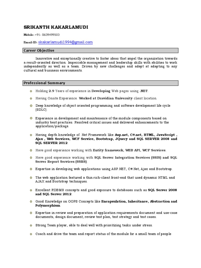 Srikanth Kakarlamudi: Career Objective | Download Free PDF | Web Application | Ajax (Programming)
