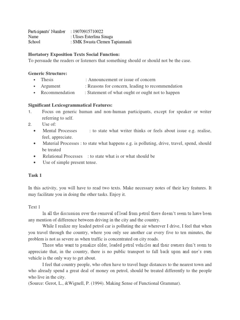 Hortatory Exposition Texts Social Function | PDF | Verb | Nature