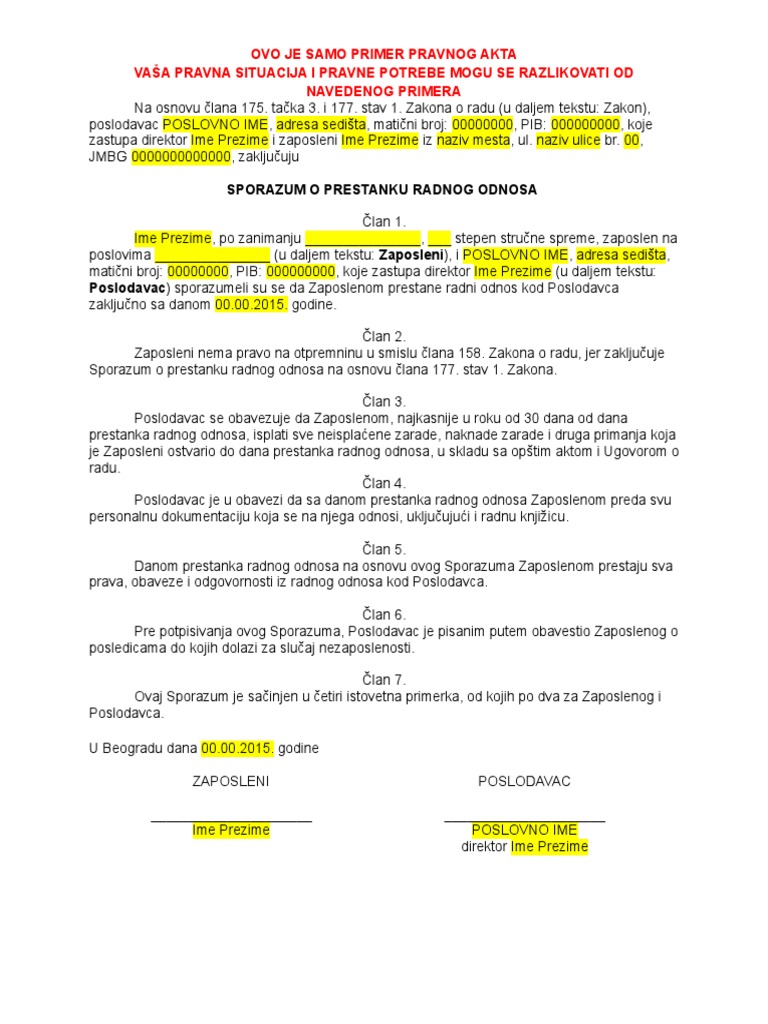 Primer Sporazuma o Prestanku Radnog Odnosa | PDF