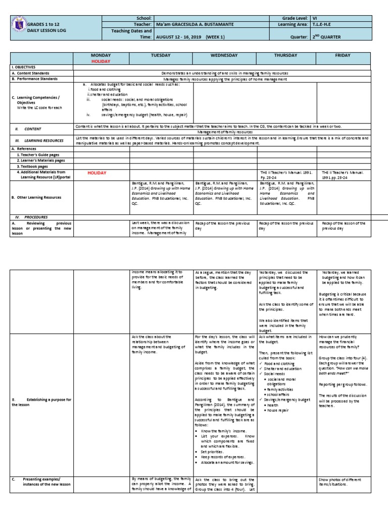 Tle 6 - Q2 - W1 DLL | PDF | Learning | Teachers