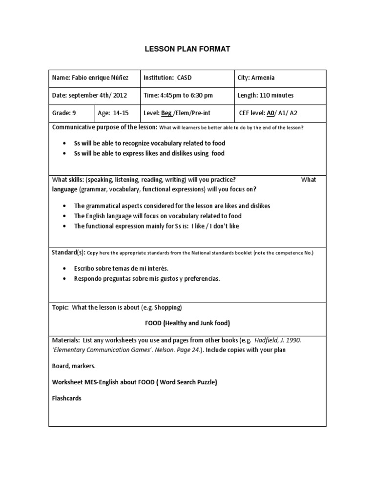Food Vocabulary Lesson Plan for Teens | PDF | Vocabulary | Education Theory