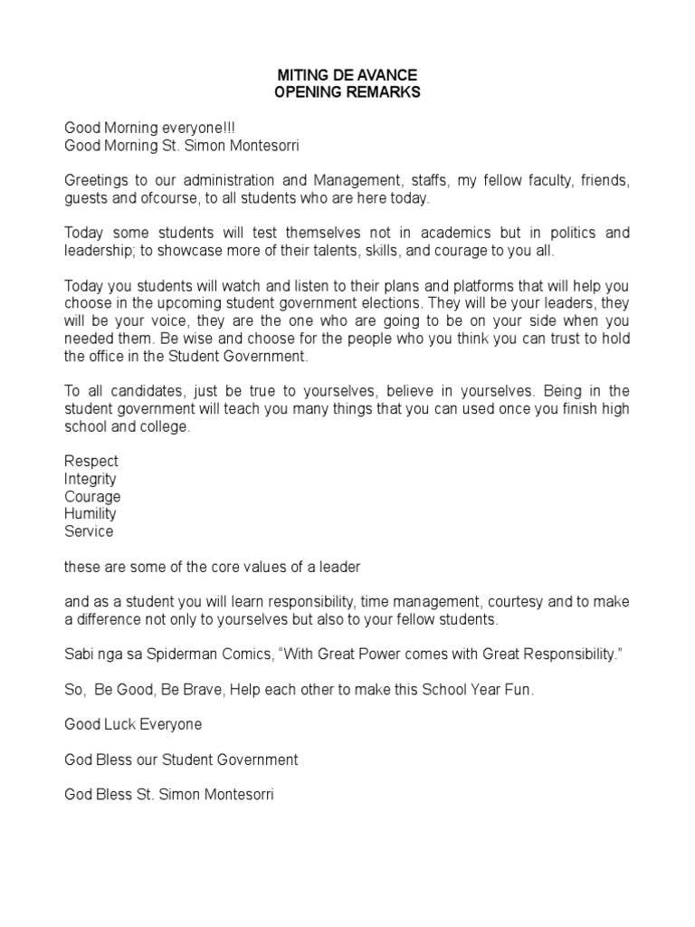 Miting de Avance Opening Remarks | PDF