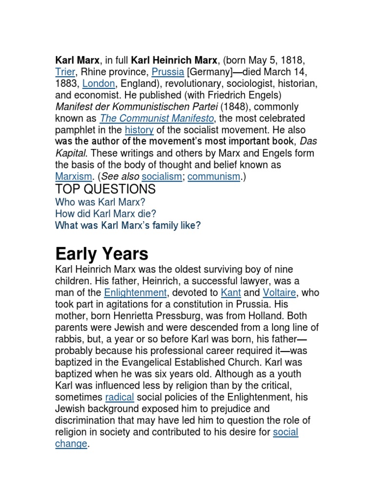 Early Years: Top Questions | PDF | Karl Marx | Friedrich Engels