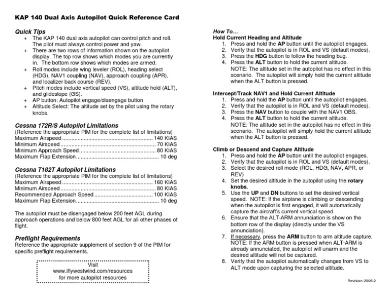 KAP140 Autopilot Quick Reference Card PDF | PDF | Aeronautics ...