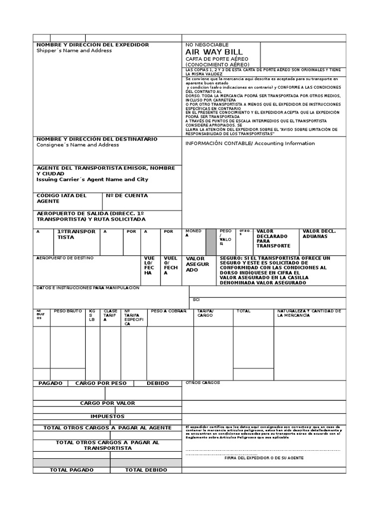 Modelo de Air Waybill Awb o Conocimiento Aereo | PDF | Transporte | Business