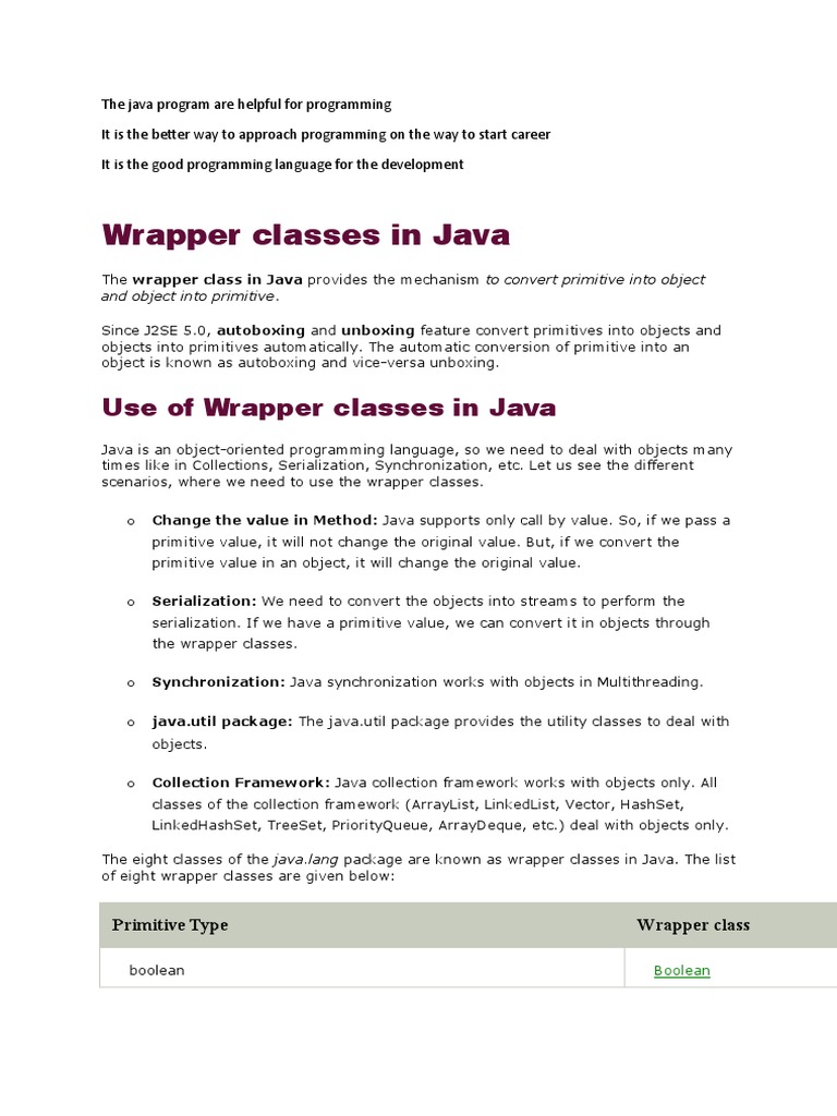 Use of Wrapper Classes in Java | Download Free PDF | Integer (Computer ...