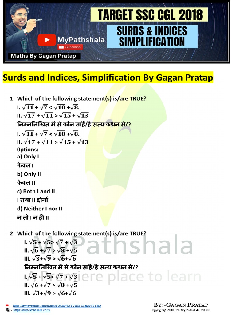 Surds and Indices, Simplification by Gagan Sir | PDF | Arithmetic | Ring Theory