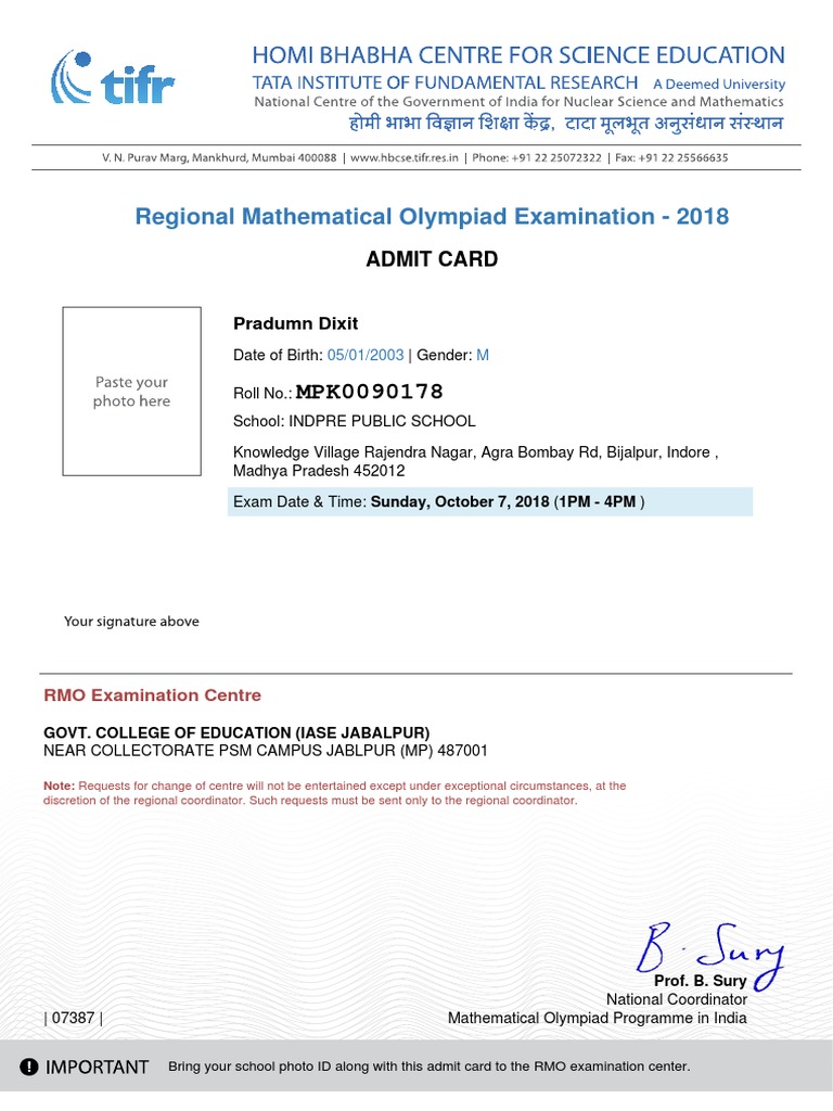 RMO 2018 Admit Card Instructions | PDF | Teaching Mathematics