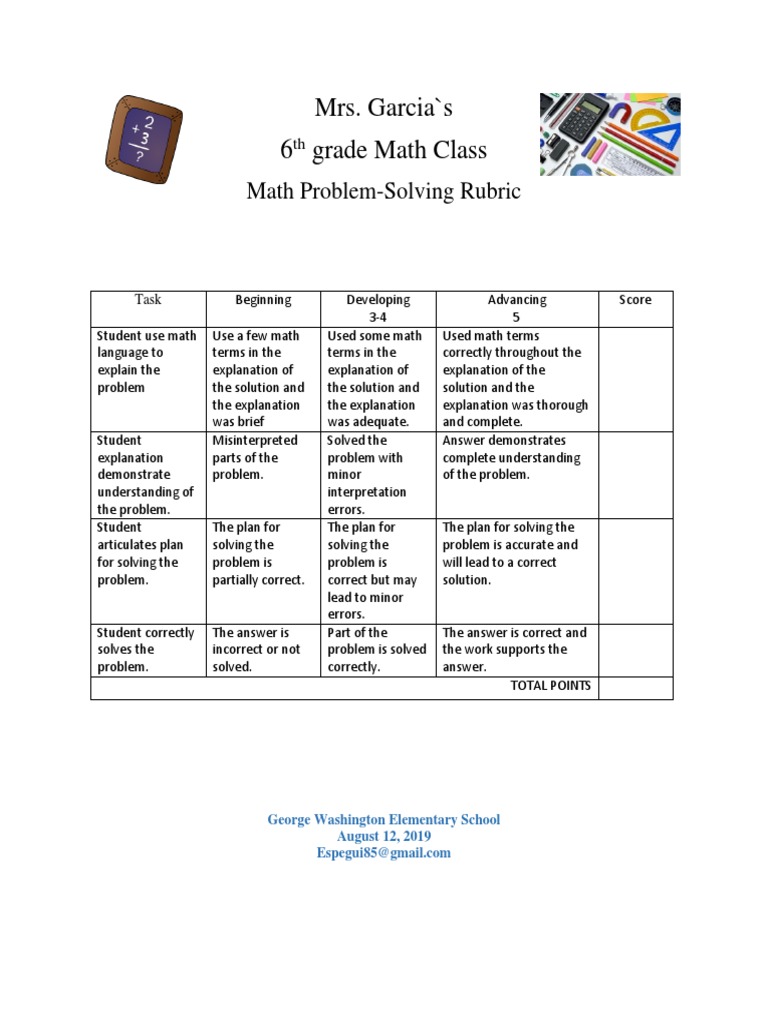 Mrs. Garcia's 6 Grade Math Class: Math Problem-Solving Rubric | PDF