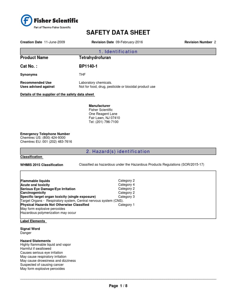 SDS For Tetrahydrofuran | PDF | Personal Protective Equipment | Safety