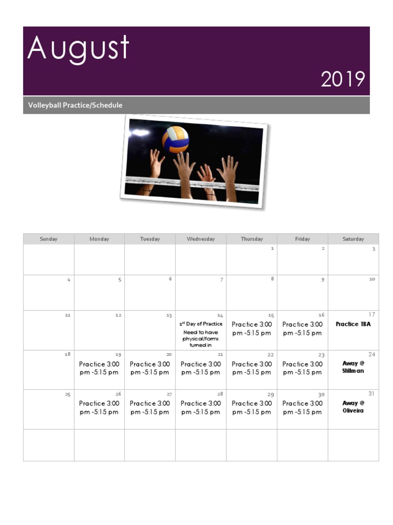 August 2019 Volleyball Practice Schedule | PDF