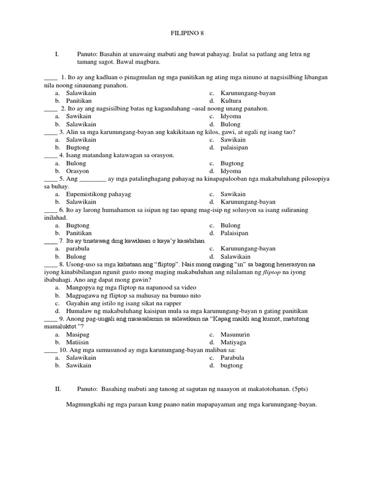 FILIPINO 8 First Quiz | PDF