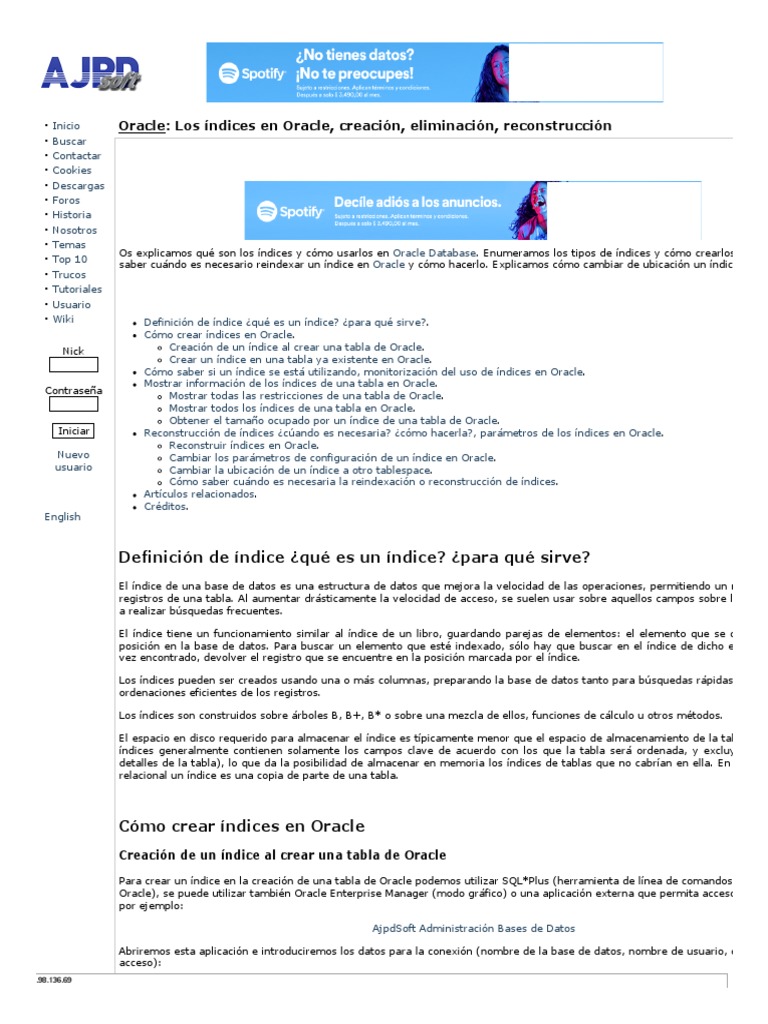 Índices en Oracle: Creación y Uso | PDF | SQL | Índice de base de datos