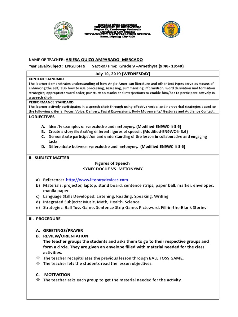 Synocdoche VS Metonymy Lesson Plan | PDF | Speech | Nonverbal Communication