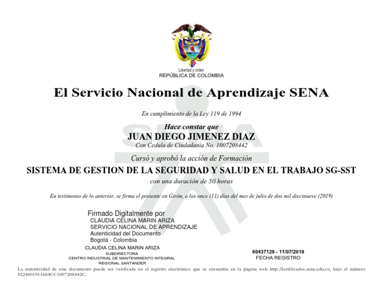 Ejemplo de Certificado Del Sena | PDF