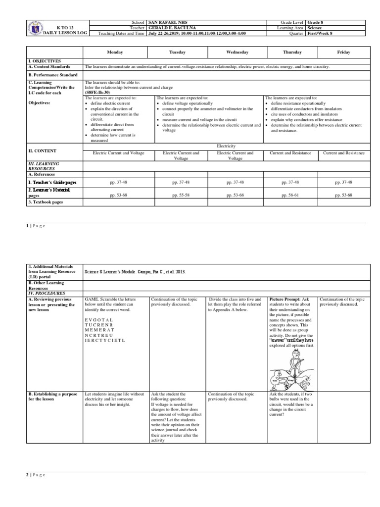 Grade 8 Science DLL: Electricity Week 1 | PDF | Electric Current ...