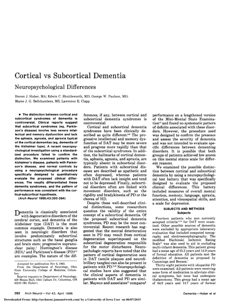 Cortical Vs Subcortical Dementia | PDF | Dementia | Alzheimer's Disease
