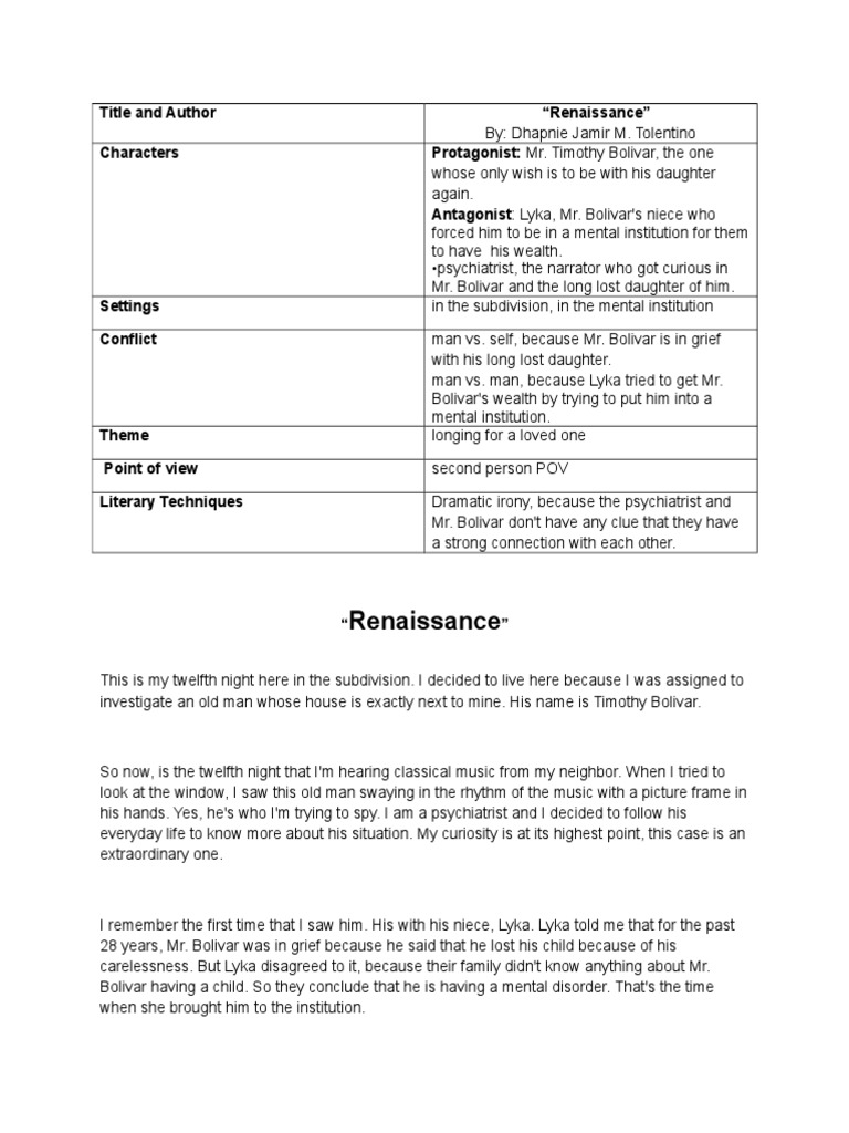 Renaissance: Title and Author "Renaissance" Characters Protagonist: Mr ...