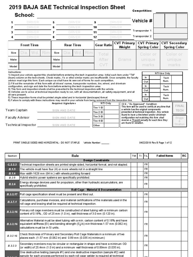 Tech Inspection Baja SAE | PDF | Throttle | Welding