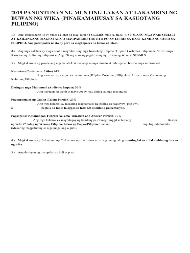 2019 Panuntunan NG Munting Lakan at Lakambini NG Buwan NG Wika | PDF