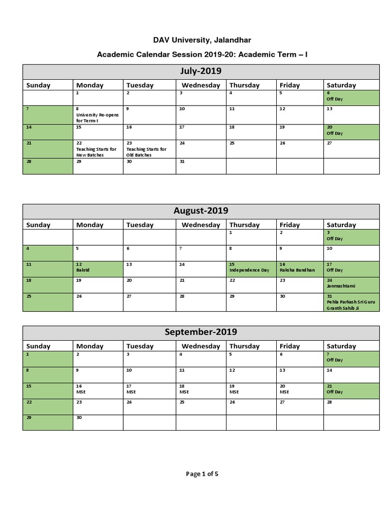 DAV University Academic Calendar 2019-20 | PDF | Asian Ethnic Religion ...
