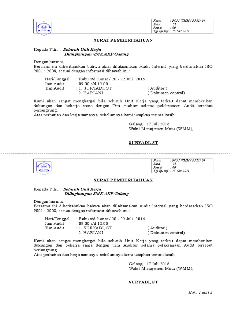 Contoh Surat Pemberitahuan Audit Internal | PDF