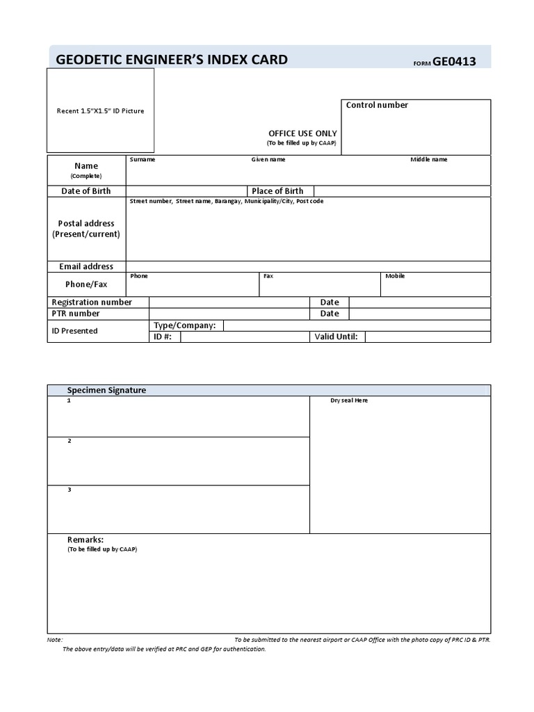Geodetic Engineer Index Card Form Ge0413 | PDF | Applications Of Cryptography | Access Control
