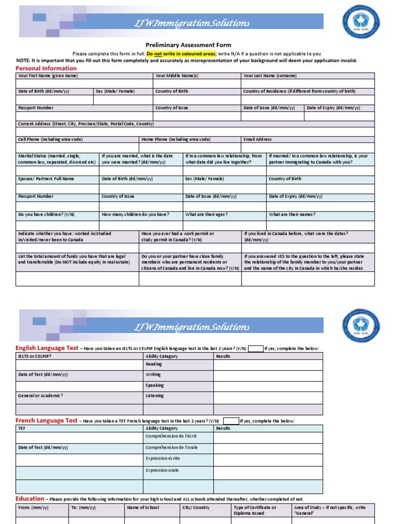 Immigration Assessment Form Guide | PDF | International English ...