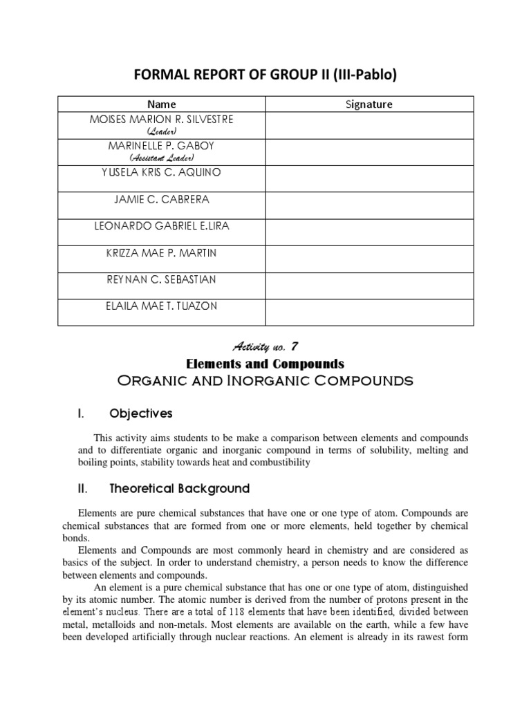Formal Report of Group Ii (Iii-Pablo) : Organic and Inorganic Compounds | PDF | Solubility ...