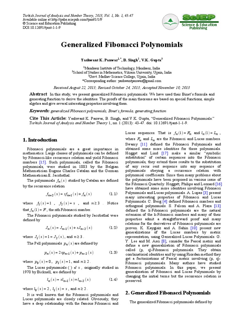 Generalized Fibonacci Polynomials Pdf Recurrence Relation Polynomial
