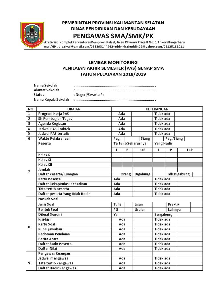 Lembar Monitoring PAS SMA/SMK 2019 | PDF