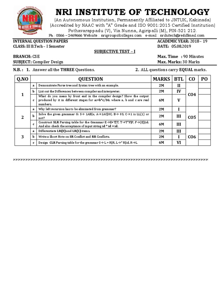 Nri Institute of Technology: Q.No Marks BTL Co Po | PDF | Parsing ...