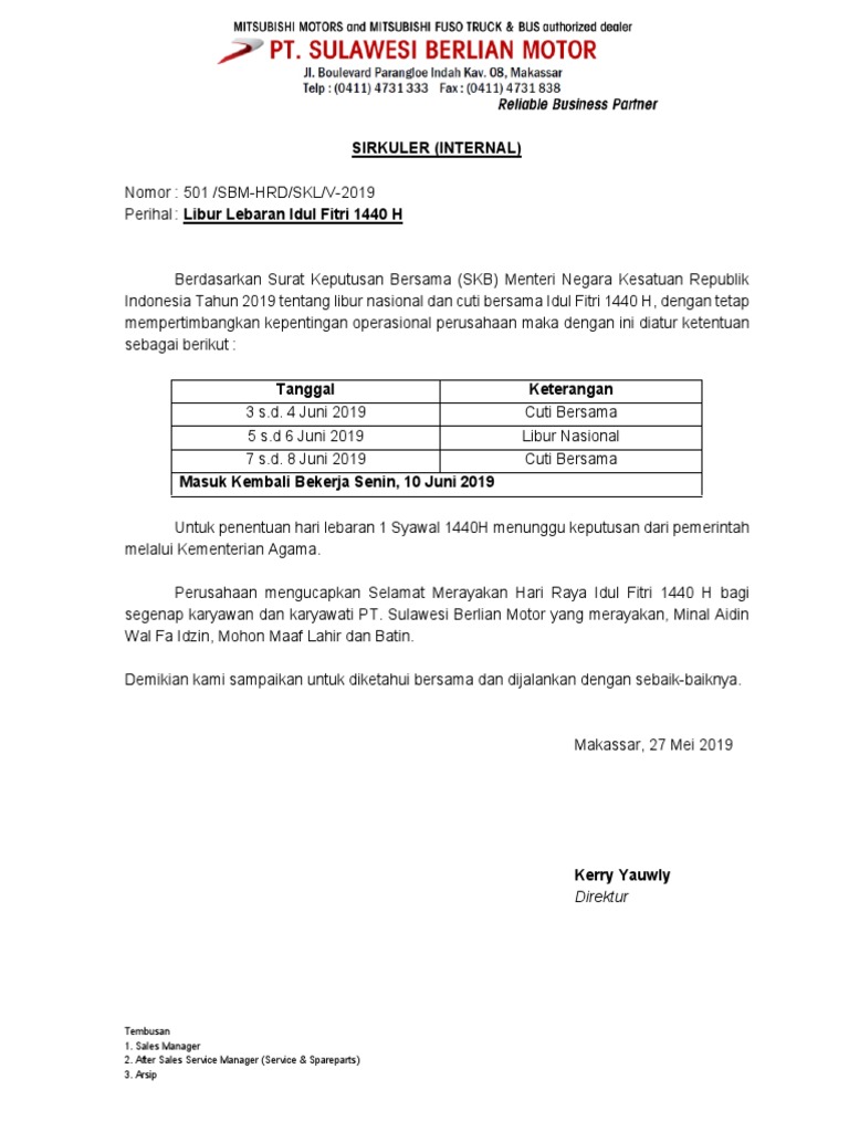 Sirkuler Internal Libur Idul Fitri | PDF