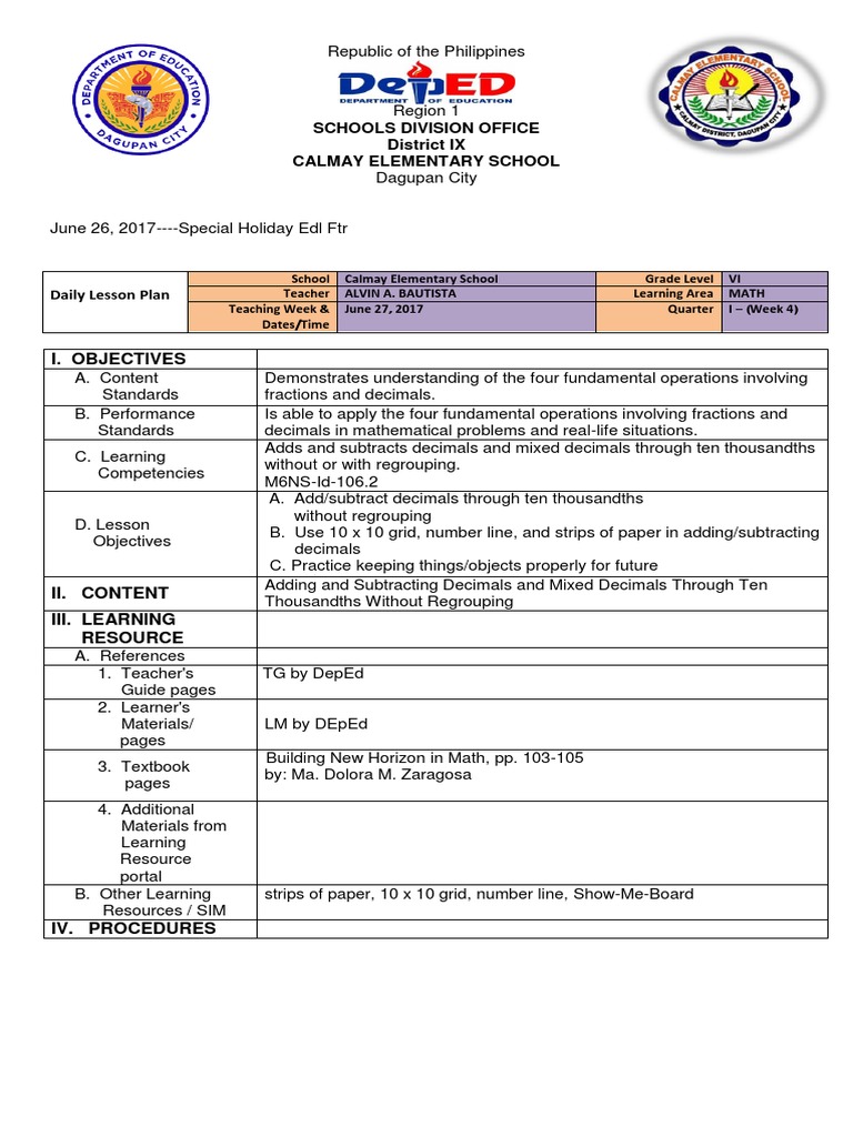 Math 6 Dlp Week 4 Quarter 1 | Subtraction | Teachers