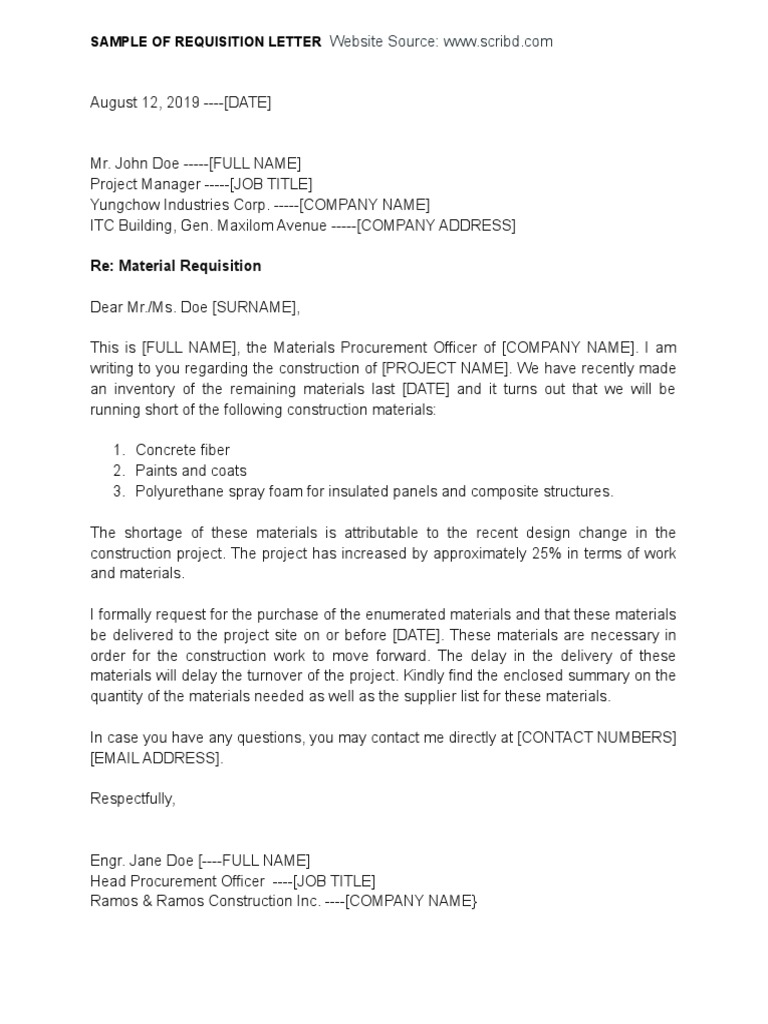 Re: Material Requisition: Sample of Requisition Letter | PDF