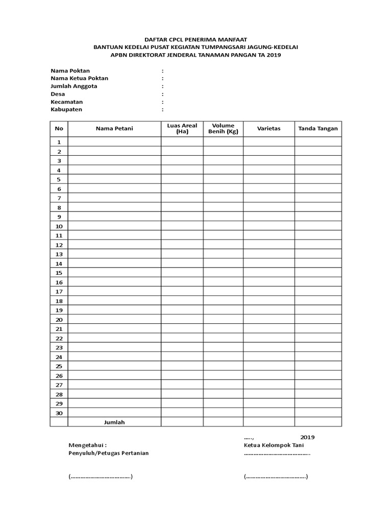 Form Daftar CPCL Penerima Manfaat Bantuan Kedelai Pusat Monokultur Atau ...