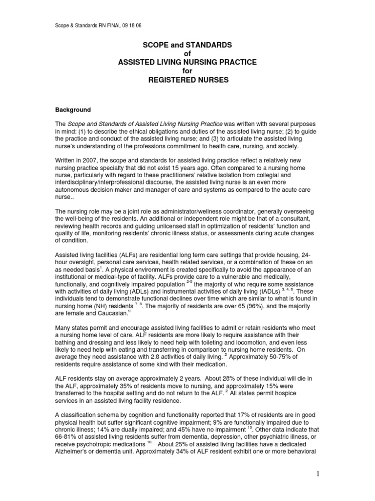 Scope and Standards of Assisted Living Nursing Practice For Registered ...
